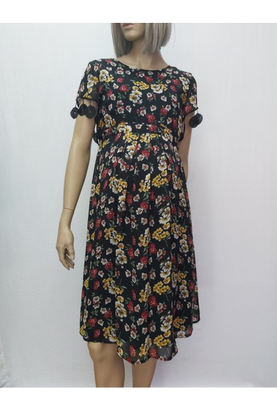 Tria Kolları Aksesuarlı Çiçek Desenli Şifon Yazlık Hamile Elbise