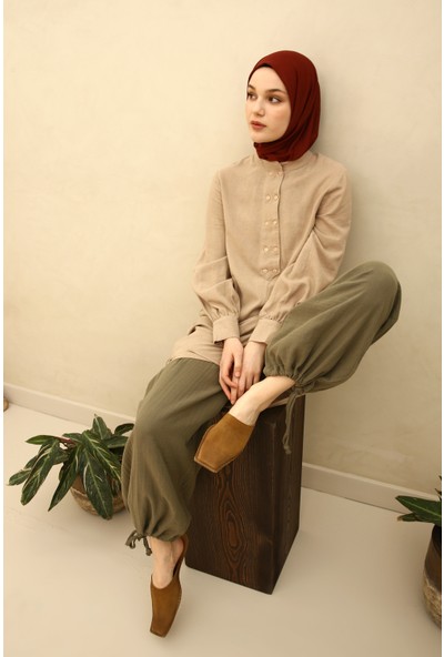 ALLDAY Hakim Yaka Çift Düğmeli Keten Tunik