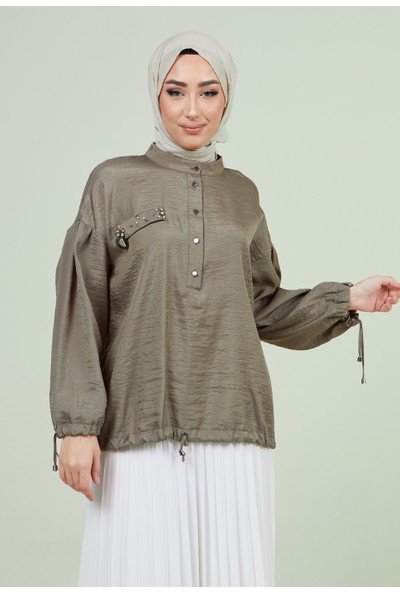 Haki Çıtçıtlı Kolu Büzgülü Bluz 2225057