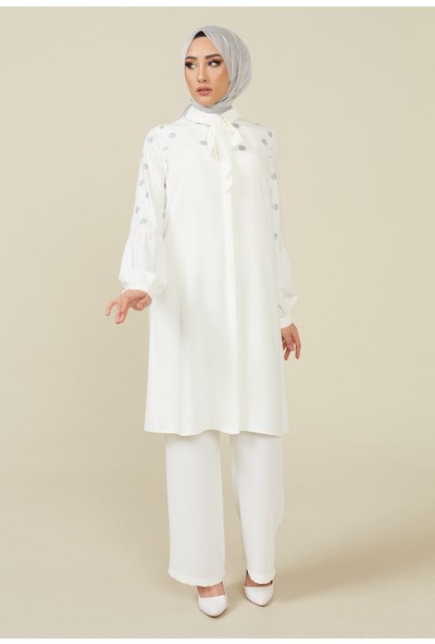 SETRMS Ekru Puantiye Desenli Kravat Yaka Tunik 2224031 SETRMS Ekru Puantiye Desenli Kravat Yaka Tunik 2224031