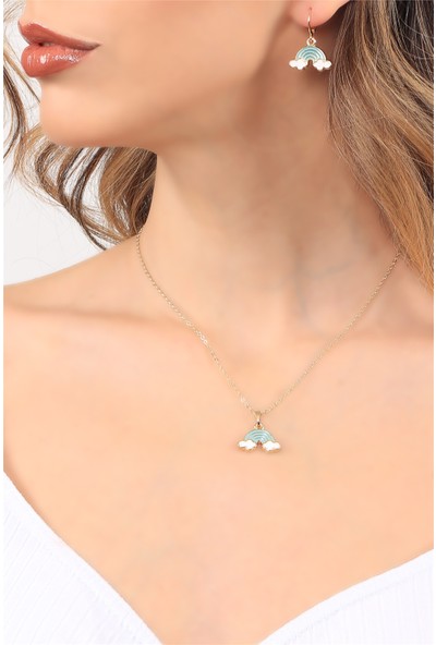 Labalaba Kadın Altın Renk Kaplama Turkuaz Renk Mineli Bulut Model Ince Zincir Kolye & Küpe Set Labalaba Kadın Altın Renk Kaplama Turkuaz Renk Mineli Bulut Model Ince Zincir Kolye & Küpe Set