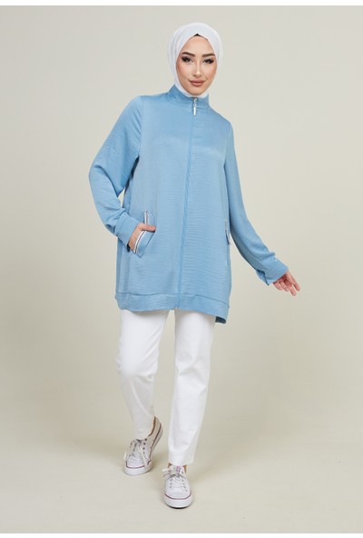 SETRMS Mavi Fermuarlı Ribana Detaylı Spor Kap 2223049