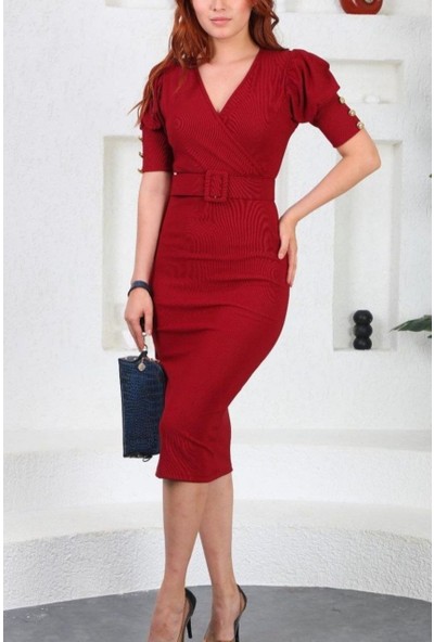 Bkmc Kemerli V Yaka Elbise Bordo Bkmc Kemerli V Yaka Elbise Bordo
