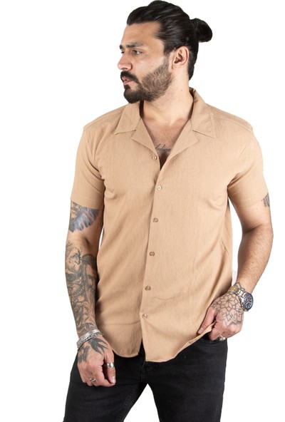 Deepsea Kırışık Kumaş Düğmeli Likralı Kısa Kollu Erkek Gömlek 2101825