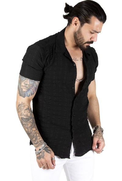 Deepsea Kabartmali Likralı Kısa Kollu Erkek Gömlek 2201893