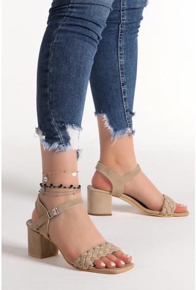 Woggo 6470-12 Süet Örgü Desen 5 cm Topuk Kadın Sandalet Ayakkabı