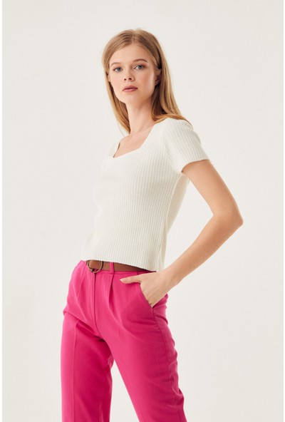 Kare Yaka Fitilli Triko Bluz Kare Yaka Fitilli Triko Bluz