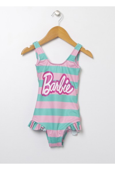 Barbie 21SWB-001 U Yaka Standart KalıpÇizgili Pembe Kız Çocuk Mayo