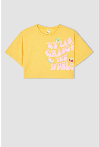 DeFacto Kız Çocuk Crop Baskılı Kısa Kollu Pamuklu TIŞÖRT Y0766A622HS