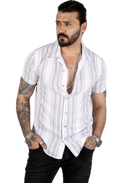 Deepsea Çizgili Düğmeli Kısa Kollu Likralı Ham Keten Erkek Gömlek 2201888