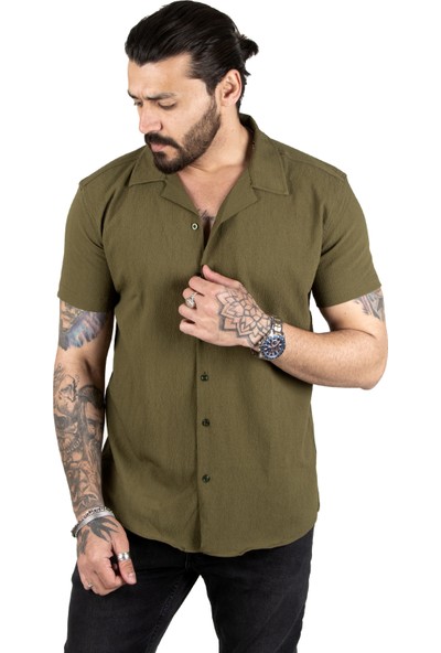 Deepsea Kırışık Kumaş Düğmeli Likralı Kısa Kollu Erkek Gömlek 2101825