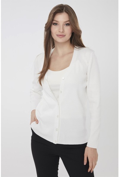 Desen Triko Kadın Yazlık Triko Hırka Ekru