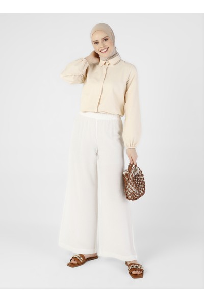 Refka Pamuk Kumaşlı Beli Lastikli Pantolon - Off White - Refka Casual Refka Pamuk Kumaşlı Beli Lastikli Pantolon - Off White - Refka Casual