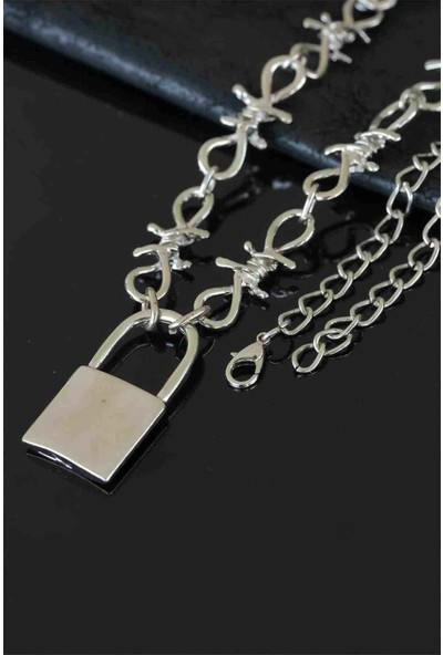 Karazona Erkek Dikenli Tel Tasarım Zincirli Kilit Uçlu Kolye KZ-ERK967
