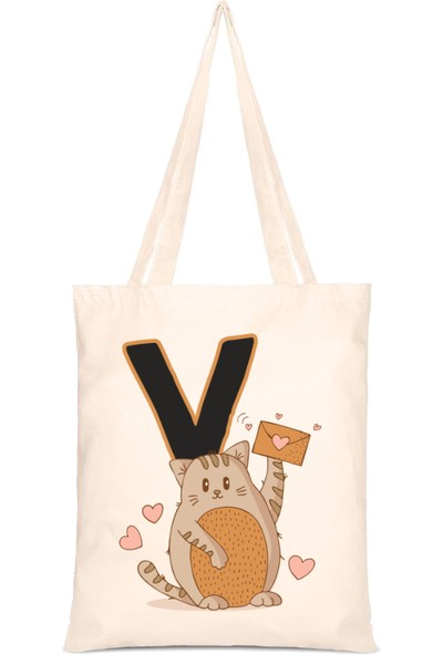 Kedili V Harfi Baskılı Temalı Günlük / Plaj / Alışveriş Için Ham Bez Çanta 35X40CM