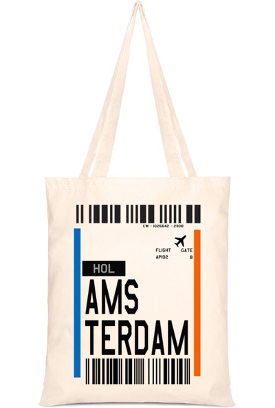Uçak Bileti Amsterdam Baskılı Temalı Günlük / Plaj / Alışveriş Için Ham Bez Çanta 35X40CM