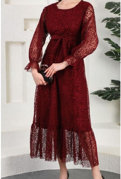 Luwi Shopping Pelerinli Tül Elbise Bordo