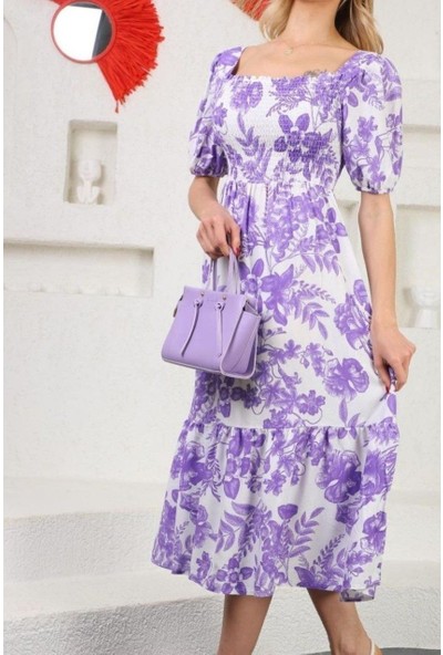 Luwi Shopping Baskılı Gipeli Elbise Mor