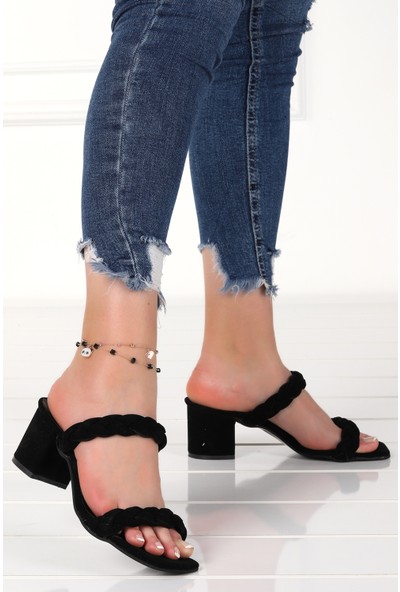 Woggo 6470-02 Süet Günlük Örgü Desen 5 cm Topuk Kadın Terlik