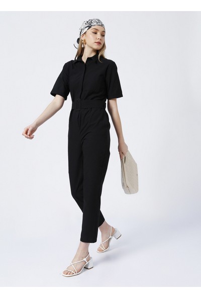 Fabrika Jane Gömlek Yaka Basic Düz Siyah Kadın Tulum