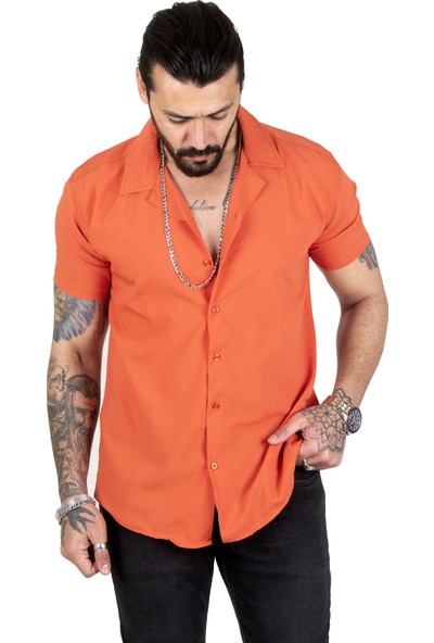 Deepsea Kırışık Kumaş Düğmeli Likralı Kısa Kollu Erkek Gömlek 2101825