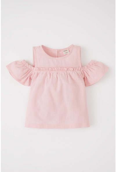 DeFacto Kız Bebek Regular Fit Bisiklet Yaka Keten Görünümlü Kısa Kollu GÖMLEK X2272A222SM