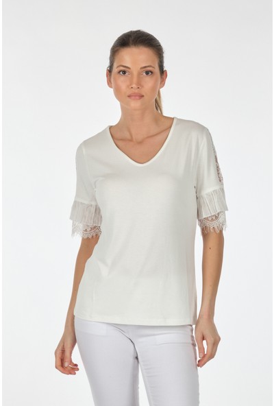 Vedi V Yaka Kol Detaylı Kısa Kollu Ekru Kadın Bluz 22122059