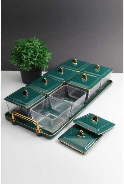 Arow Lüks Porselen Kapaklı Cam 8 Li Kahvaltı Takımı Yeşil Arow Lüks Porselen Kapaklı Cam 8 Li Kahvaltı Takımı Yeşil