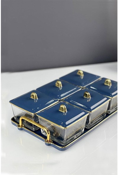 Arow Lüks Porselen Kapaklı Cam 6 Lı Kahvaltı Takımı Mavi