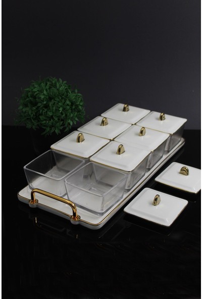 Arow Lüks Porselen Kapaklı Cam 8 Li Kahvaltı Takımı Beyaz Arow Lüks Porselen Kapaklı Cam 8 Li Kahvaltı Takımı Beyaz