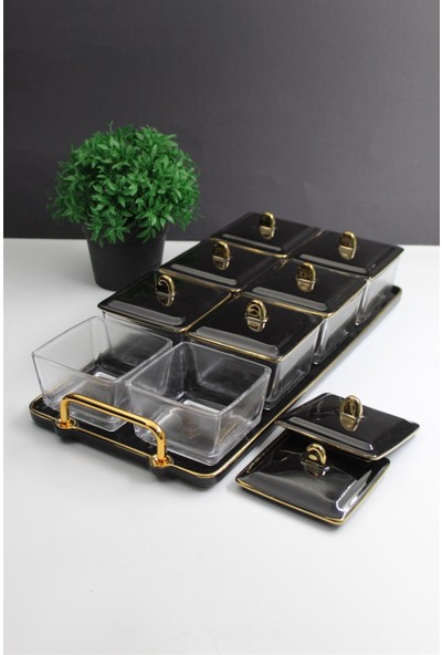 Arow Lüks Porselen Kapaklı Cam 8 Li Kahvaltı Takımı Siyah