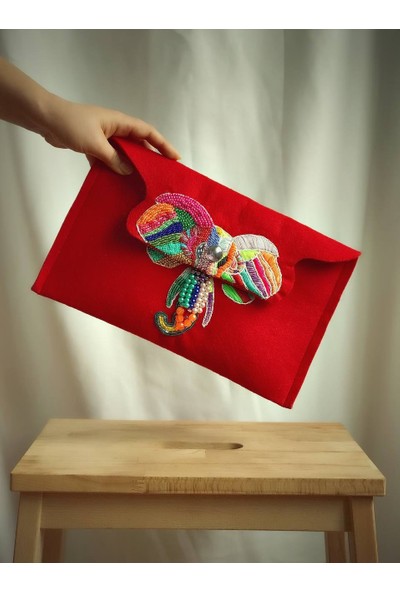 Bivalvia Accessories Elephant Kırmızı Keçe Clutch Çanta
