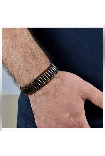 Seven Art Jewelry Doğal Taş / Hematit Kaplangözü Silindir Bileklik / Erkek Bileklik / Kadın Bileklik