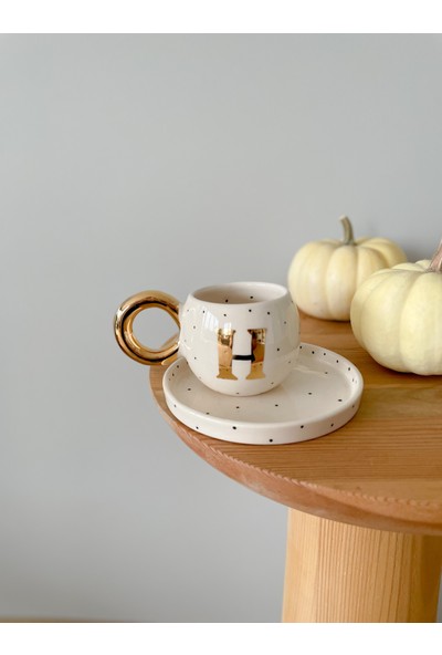 24K Altın Yaldızlı Double Türk Kahvesi Fincanı H Harfi