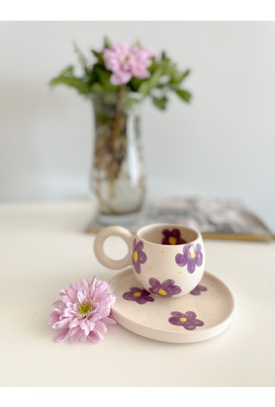 El Yapımı ve Boyaması Vintage Mor Çiçekli Double Türk Kahvesi Fincanı