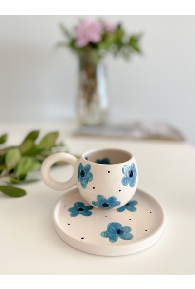 El Yapımı ve Boyaması Vintage Mavi Çiçekli Double Türk Kahvesi Fincanı