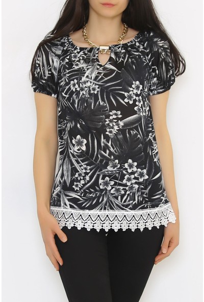 İsunstore Yaka Lastikli Bluz Siyahçiçekli - 9329.107.
