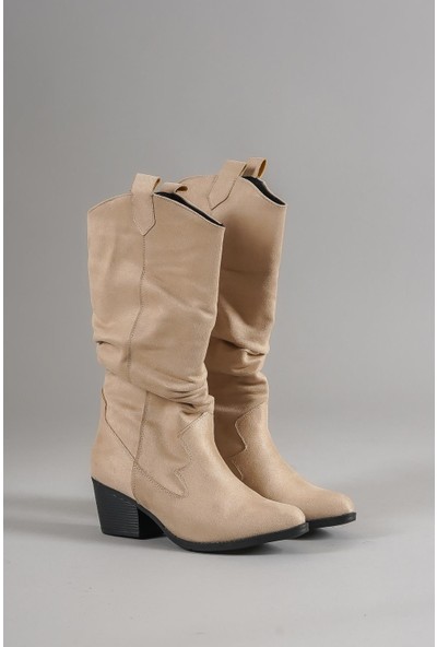 Bayan Ten Cizy Süet Kırışık Detaylı Çizme