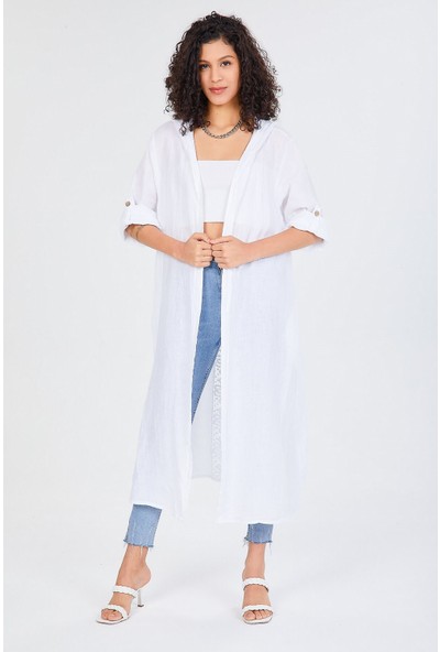 Kadın Beyaz Italyan Kapüşon Sırtı Dantel Detaylı Keten Kaftan
