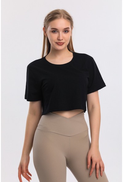 Hull Collection Bisiklet Yaka Crop Spor T-Shirt Siyah