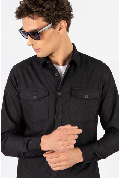 Tudors Slım Fit Düz Cepli Gabardin Erkek Gömlek
