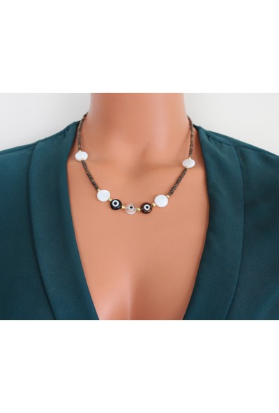 Krem Fimo Sedefli Nazarlık Kolye Krem Fimo Sedefli Nazarlık Kolye