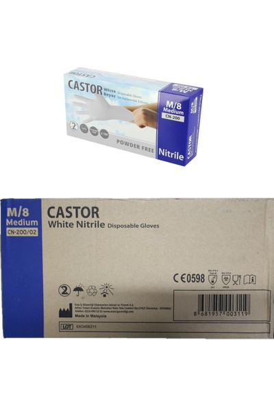 Castor Nitril Medikal Eldiven Pudrasız Beyaz 100'lü x 20 Kolili M Beden Castor Nitril Medikal Eldiven Pudrasız Beyaz 100'lü x 20 Kolili M Beden