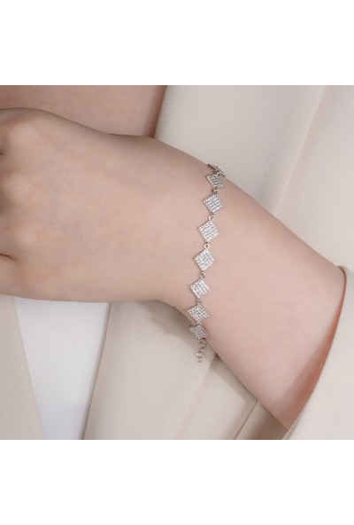 Wena Jewelry 925 Ayar Gümüş Kare Baget Sıralı Taşlı Bileklik