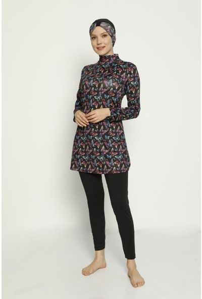 Trend Sizde Likralı Dijital Baskı Balıkçı Yaka Tesettür Mayo