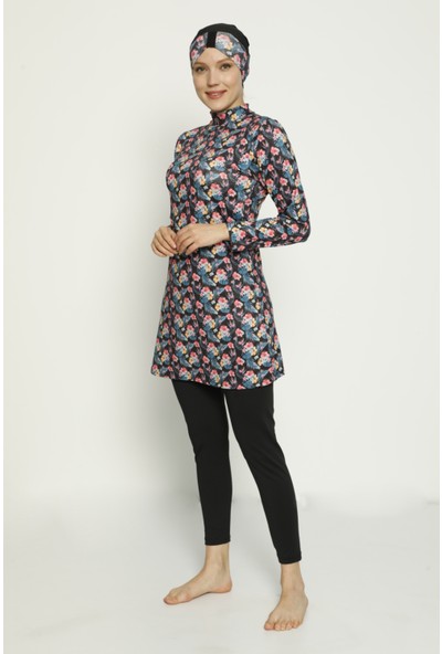 Trend Sizde Likralı Dijital Baskı Balıkçı Yaka Tesettür Mayo