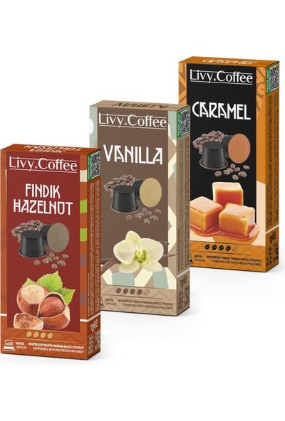 Livy Coffee Fındık-Vanilya-Karamel Aromalı Nespresso Uyumlu Kapsül Kahve 30 Kapsül Livy Coffee Fındık-Vanilya-Karamel Aromalı Nespresso Uyumlu Kapsül Kahve 30 Kapsül