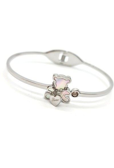 Gümüş Kaplama Sedef Ayıcık Love Paslanmaz Çelik Kelepçe Bileklik Gümüş Kaplama Sedef Ayıcık Love Paslanmaz Çelik Kelepçe Bileklik