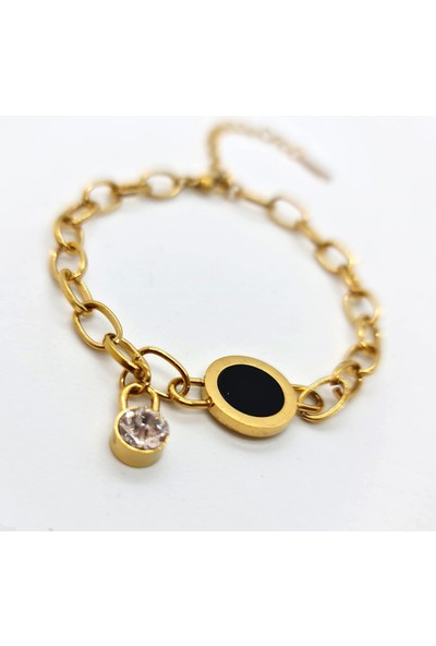 Altın ve Gümüş Renk Zirkon Taşlı Paslanmaz Çelik Zincir Bileklik