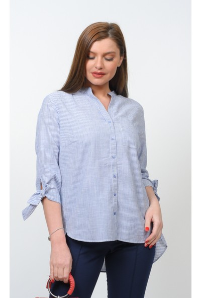 Çizgili Pamuklu Keten Büyük Beden Gömlek